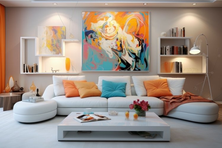Modern living room interior with vibrant wall art (4003961)