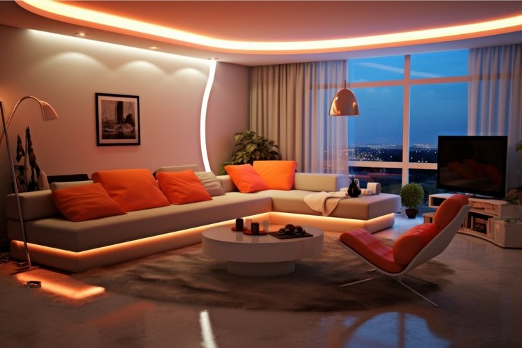 Modern living room red lights. Generate Ai