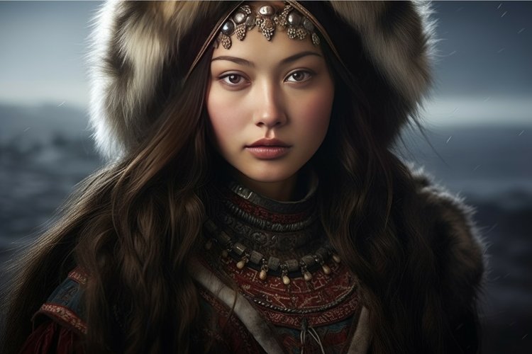 Enigmatic woman in traditional fur attire against snowy back