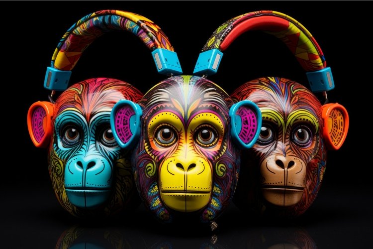 Artistic Monkey headphones color splash. Generate Ai
