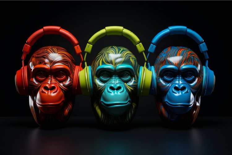 Stylish Monkey headphones color splash. Generate Ai