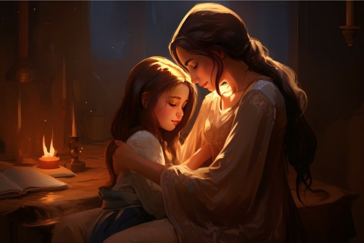 Tender mother-daughter moment by candlelight