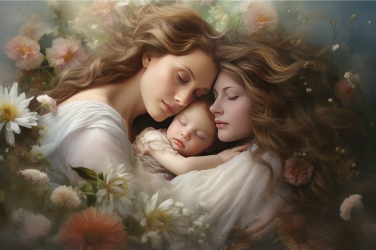 Ethereal portrait of a mother embracing her children among d