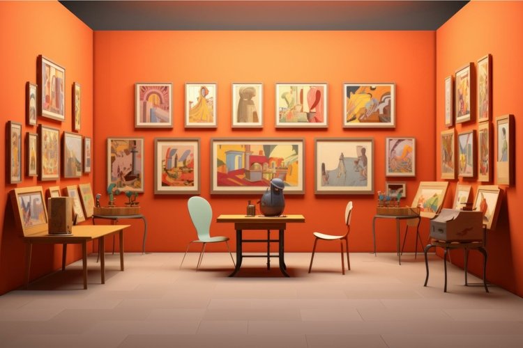 Modern art gallery interior with paintings