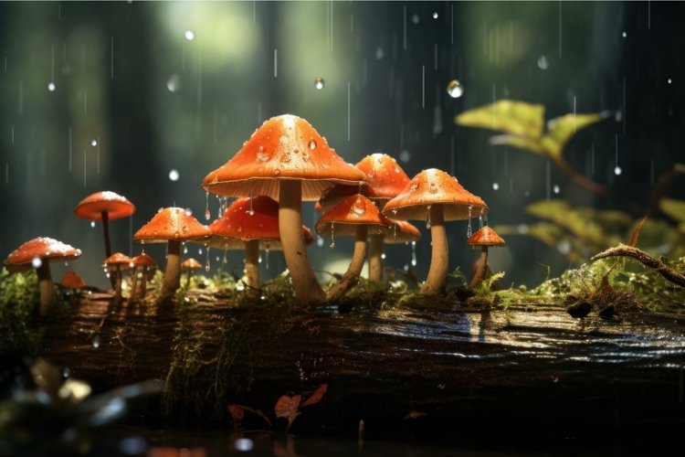 Fascinating Mushroom rain log. Generate Ai