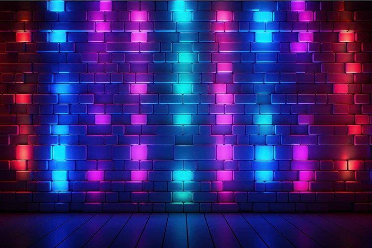 Bold Neon blue red brick wall big lights. Generate AI