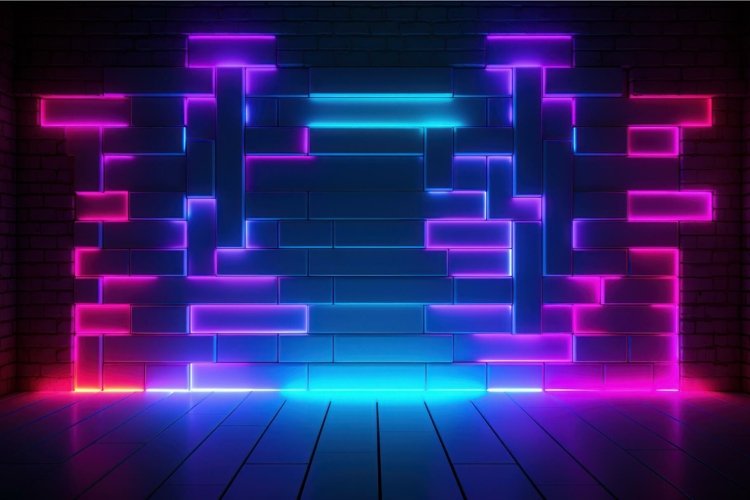 Unconventional Neon blue red brick wall big lights. Generate