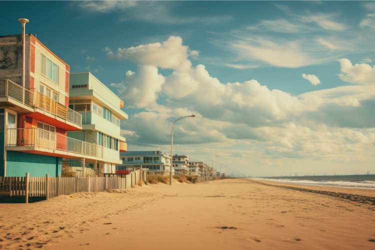 Serene beachfront with colorful apartments at sunset