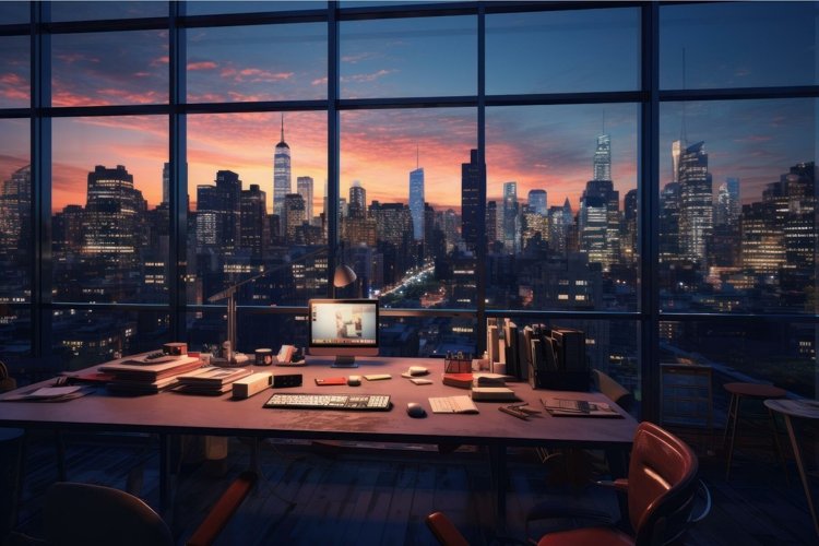 Serene Office workspace sunset. Generate Ai