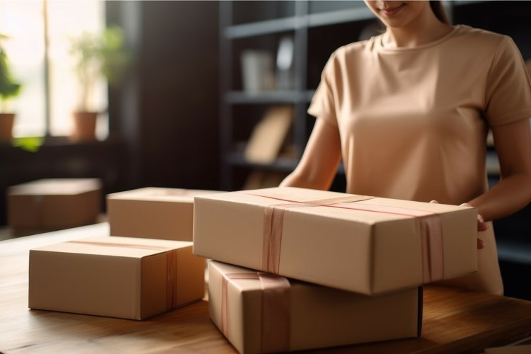 Packing goods woman boxes on table move. Generate Ai