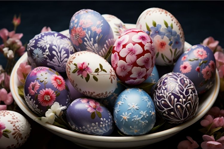 Vibrant Painted eggs floral design. Generate Ai