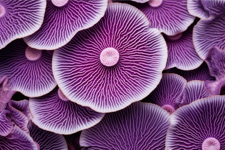 Mesmerizing Purple macro closeup mushrooms. Generate Ai