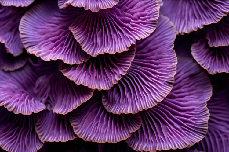Surreal Purple macro closeup mushrooms. Generate Ai