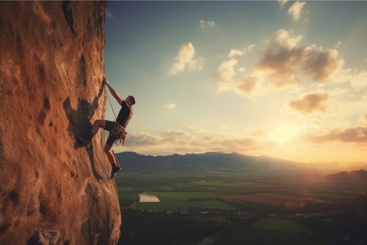 Person climbing sunset. Generate Ai