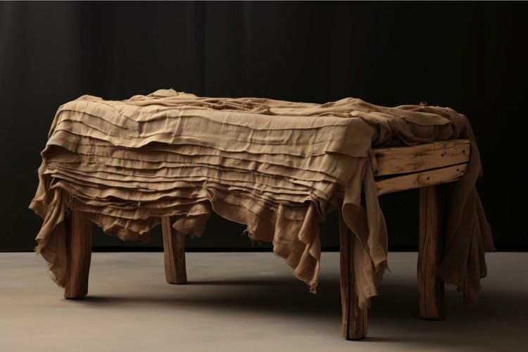 Sturdy Pieces burlap fabric wooden table. Generate Ai