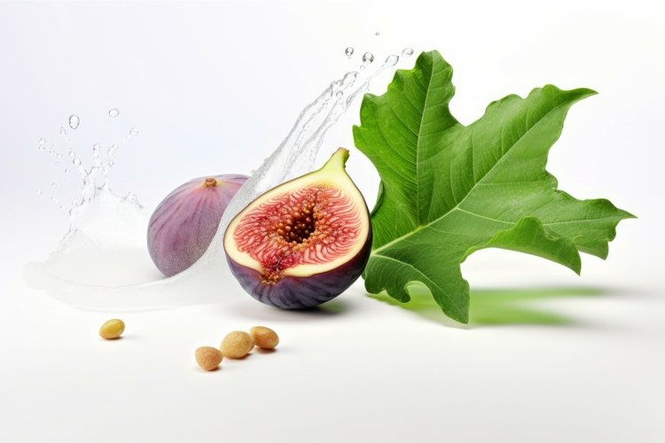 Piece of fresh fig and green leaves isolated on white. Gener