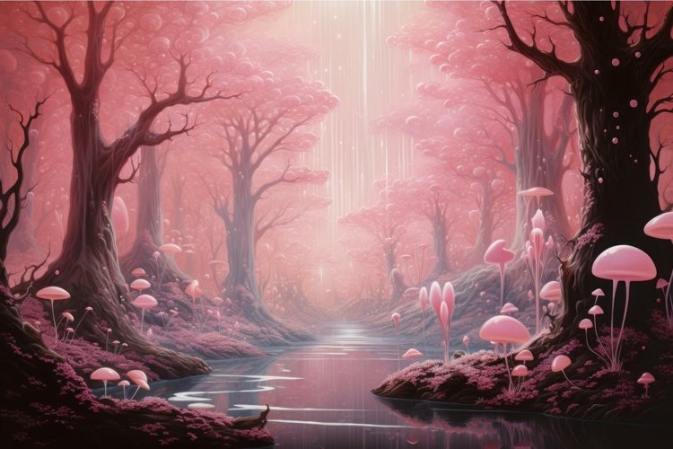 Serene Pink magical blossom forest. Generate Ai