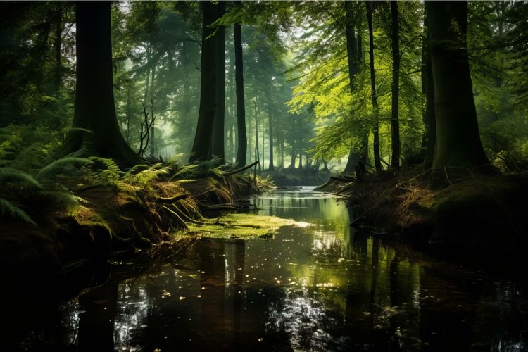 Serene Pond calm forest water. Generate Ai
