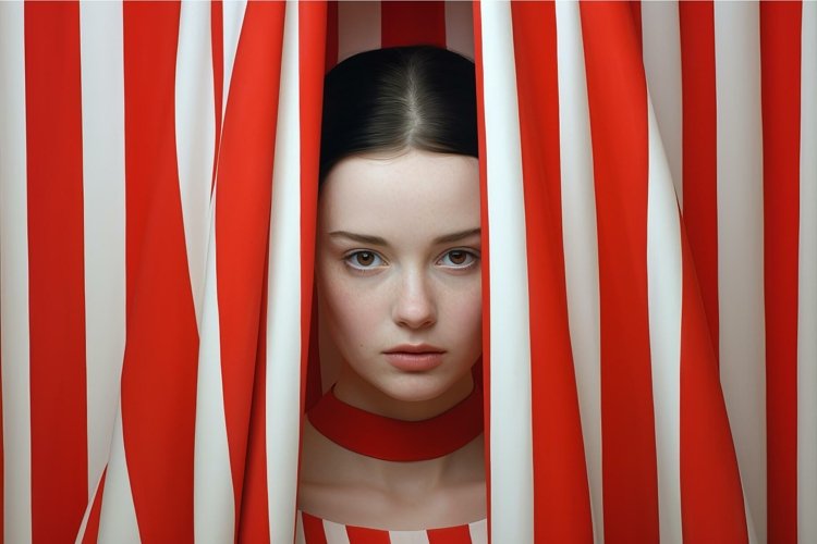 Glamour model portrait on red stripes closeup. (3855910)