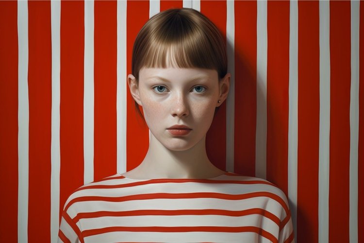 Striking Glamour model portrait on red stripes closeup. Gene