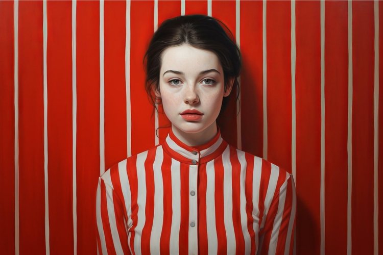 Radiant Glamour model portrait on red stripes closeup. Gener