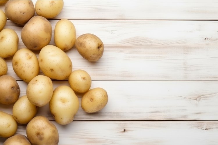 Potatoes wooden table raw. Generate Ai