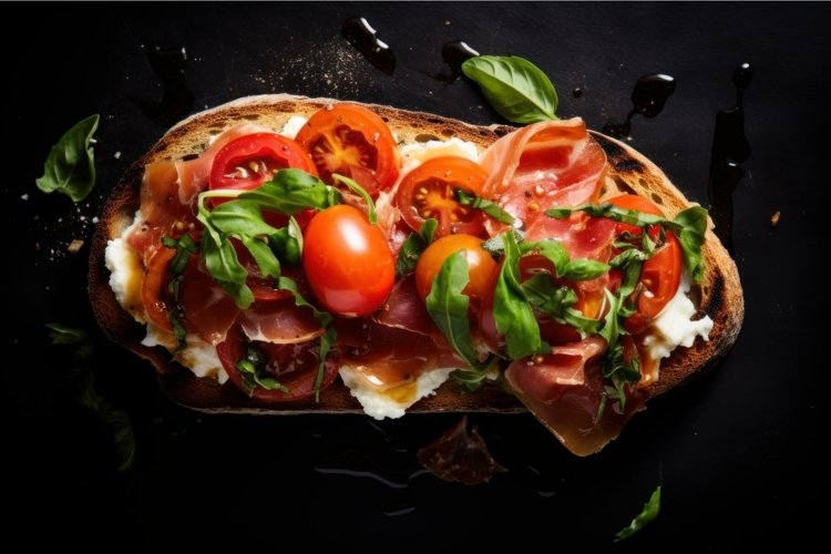 Delicious Prosciutto tomato toast. Generate Ai