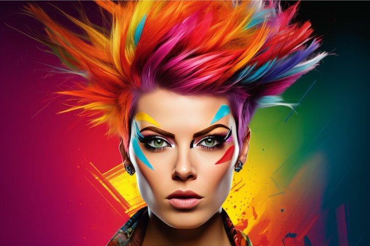 Striking female model with vivid rainbow hair and bold makeu
