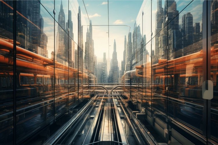 Monumental Railway glass skyscrapers. Generate Ai