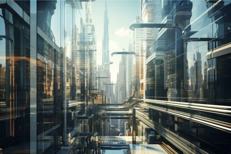 Futuristic Railway glass skyscrapers. Generate Ai