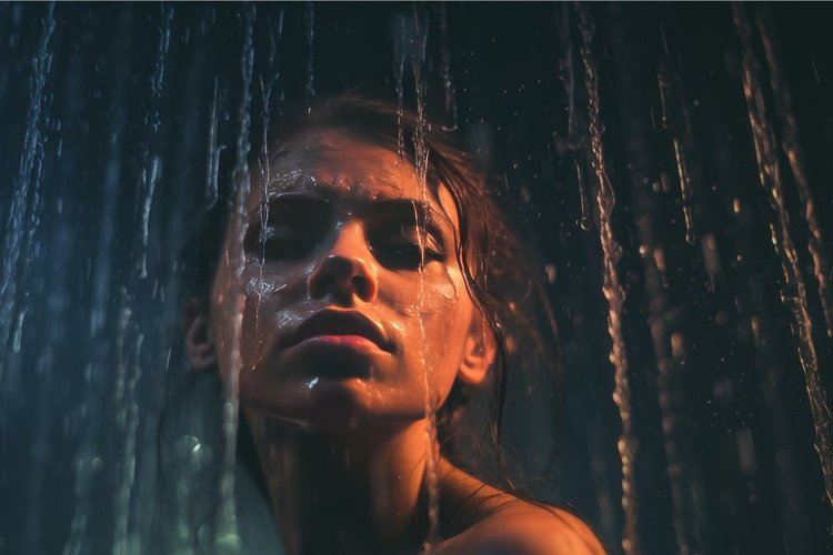 Drenched Woman rain poured flashed. Generate Ai