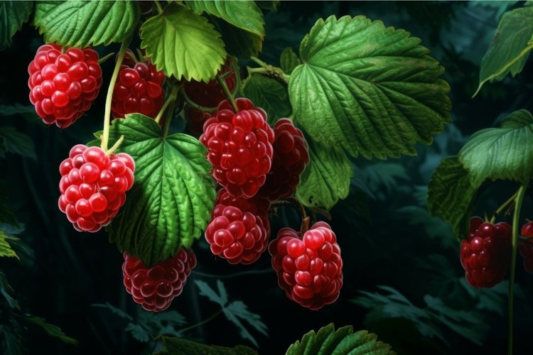 Lush red raspberries on branch