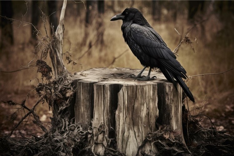 Watchful Raven on old stump. Generate Ai