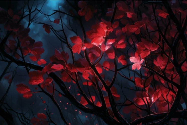 Autumnal Red leaves night foliage. Generate Ai Autumnal Red leaves night foliage. Generate Ai
