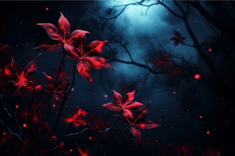 Dramatic Red leaves night foliage. Generate Ai Dramatic Red leaves night foliage. Generate Ai