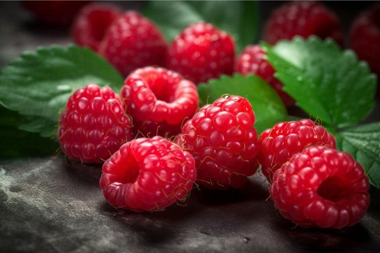 Red raspberries fruits with green leaves closeup. Generate a