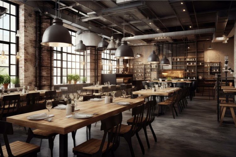 Chic Restaurant interior loft. Generate Ai