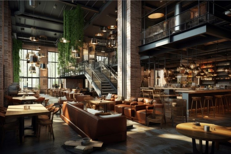 Rustic Restaurant interior loft. Generate Ai