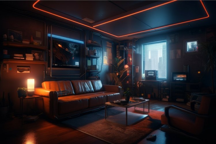 Room cyberpunk soft light. Generate Ai