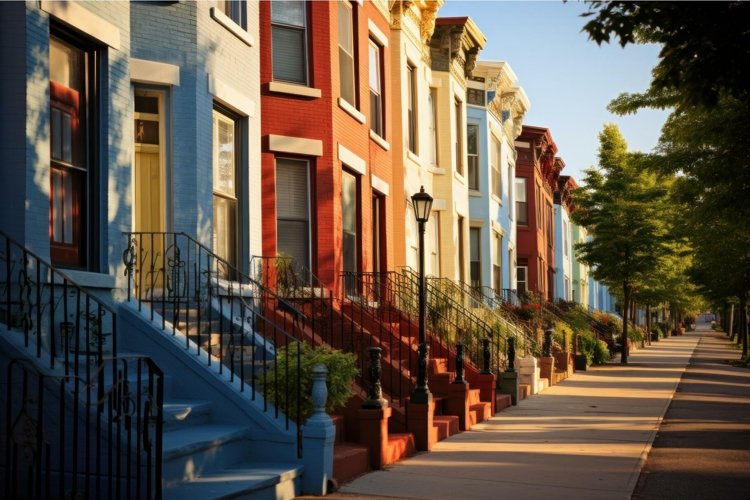 Row houses sidewalk front flowers. Generate Ai (3860971)