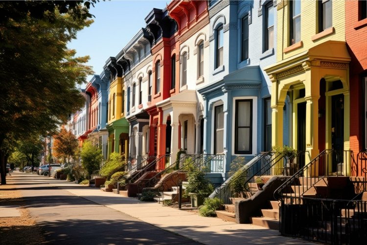 Picturesque Row houses sidewalk front flowers. Generate Ai