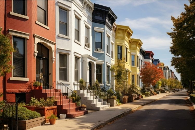 Vibrant Row houses sidewalk front flowers. Generate Ai