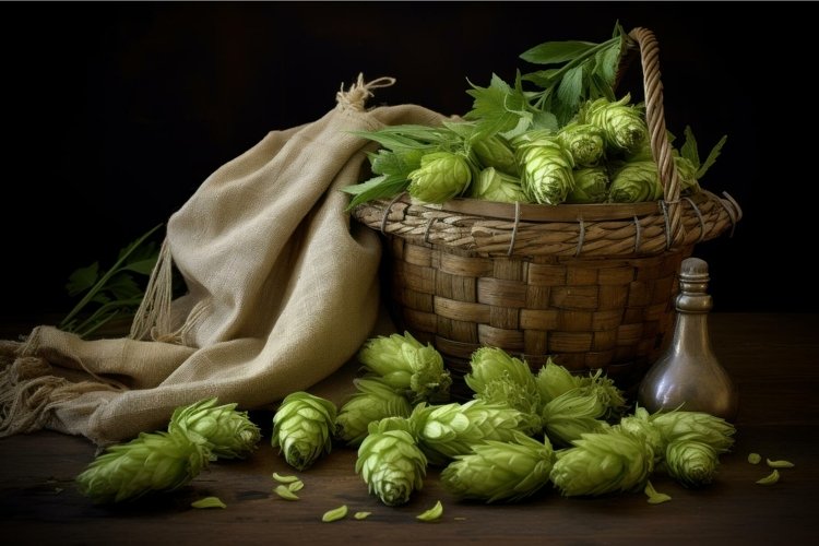 Crisp Sack of fresh green hops. Generate Ai