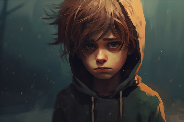 Poignant hooded child portrait in digital art