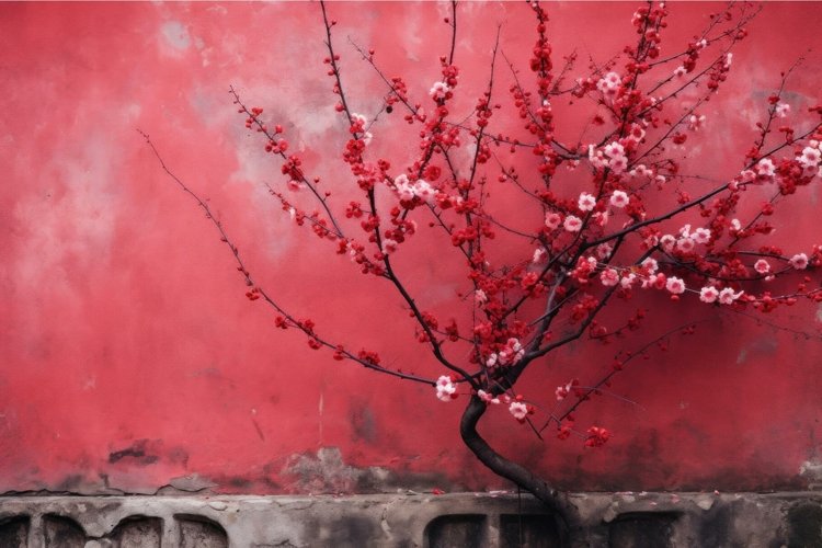 Traditional Sakura red wall without door. Generate Ai