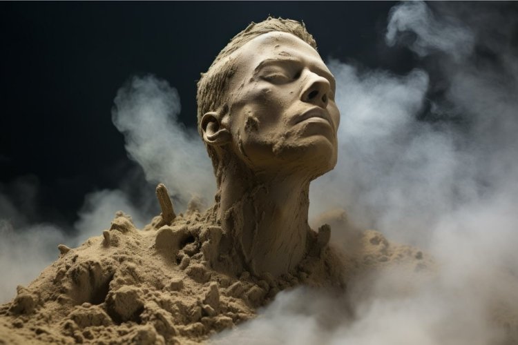 Muscular Sculpted man dust breathing. Generate ai
