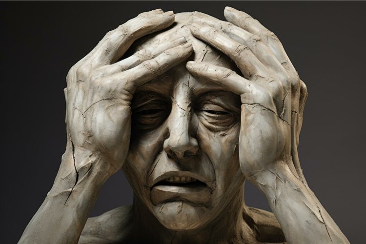 Imaginative Sculpture head hands surreal. Generate Ai