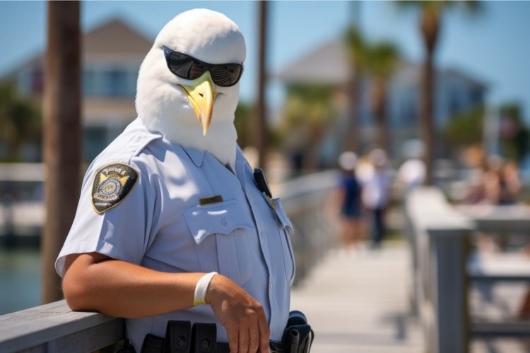 Surreal seagull policeman on duty at pier