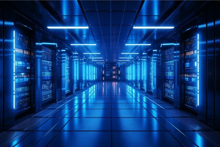 Spacious Server blue room. Generate Ai