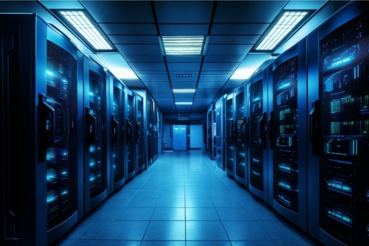 Modern Server blue room. Generate Ai